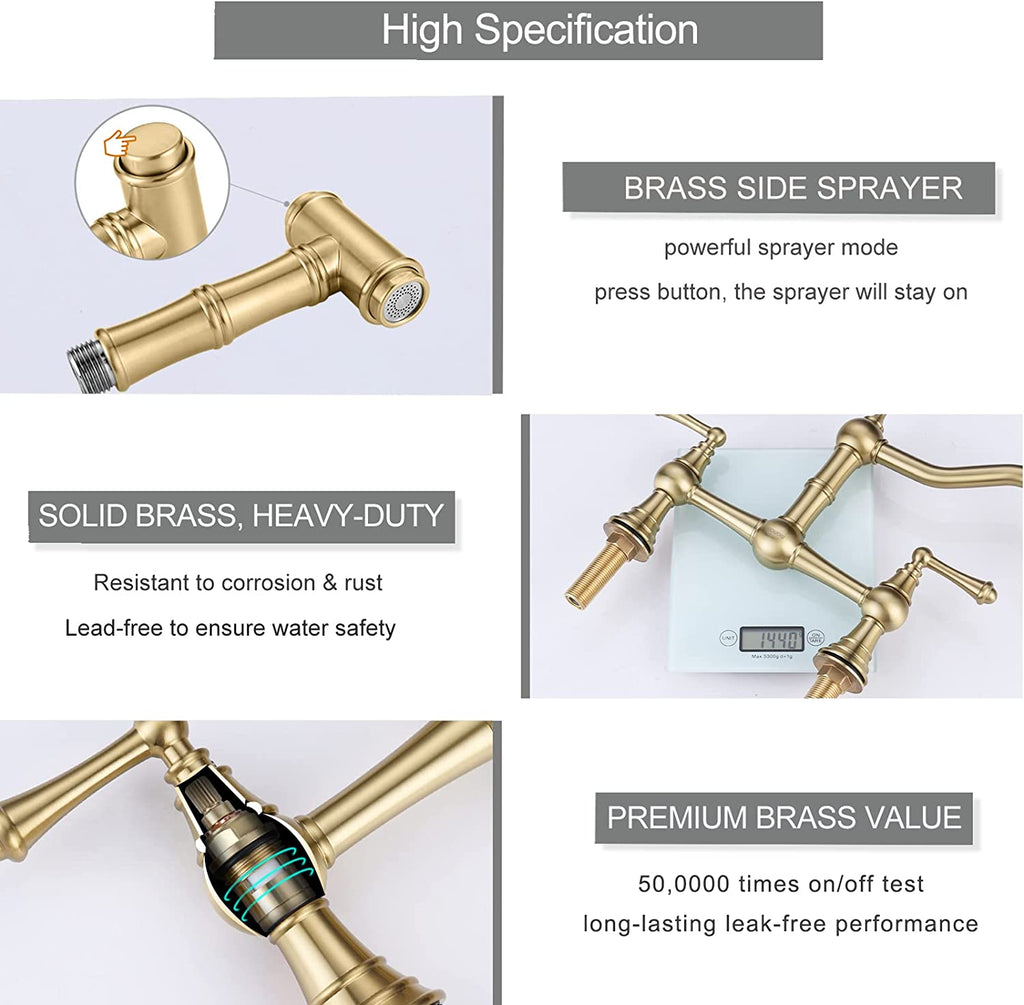 Brushed Gold Antique Bridge Kitchen Mixer with Pull Down Spray #202349 ...
