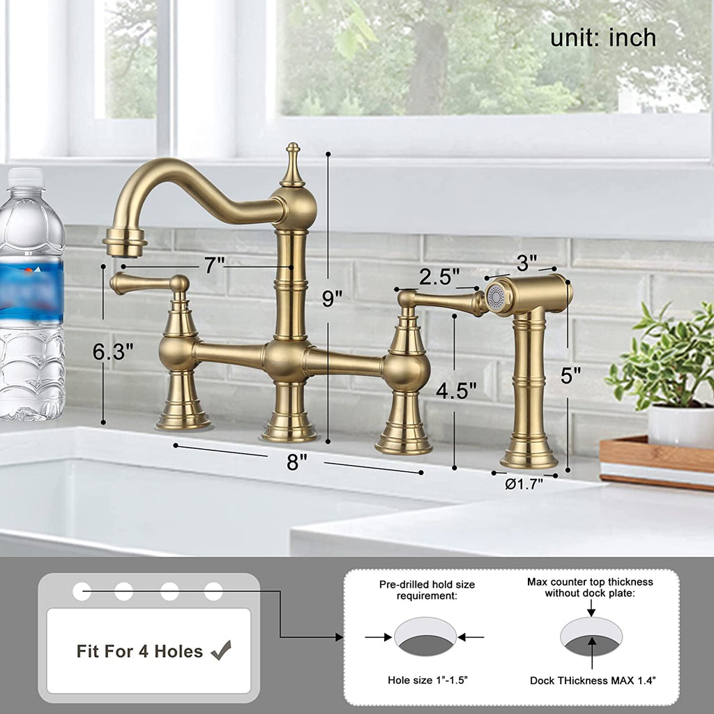 Brushed Gold Antique Bridge Kitchen Mixer with Pull Down Spray #202349 ...
