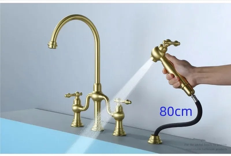 Brushed Gold Antique Bridge Kitchen Mixer with Pull Down Spray #202429 ...